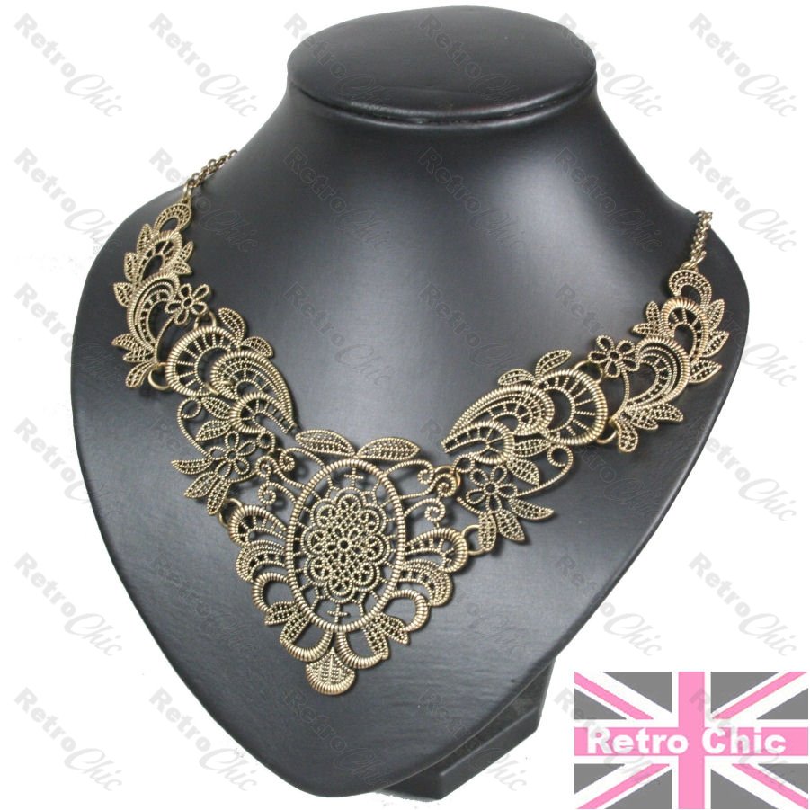 BIG ornate FILIGREE collar NECKLACE vintage brass BIB antique gold pltd ...